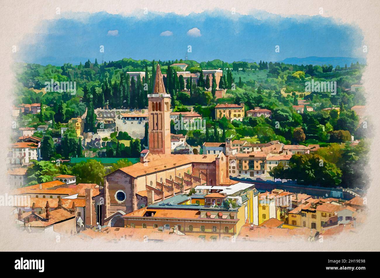 Watercolor drawing of Aerial view of Basilica di Santa Anastasia ...