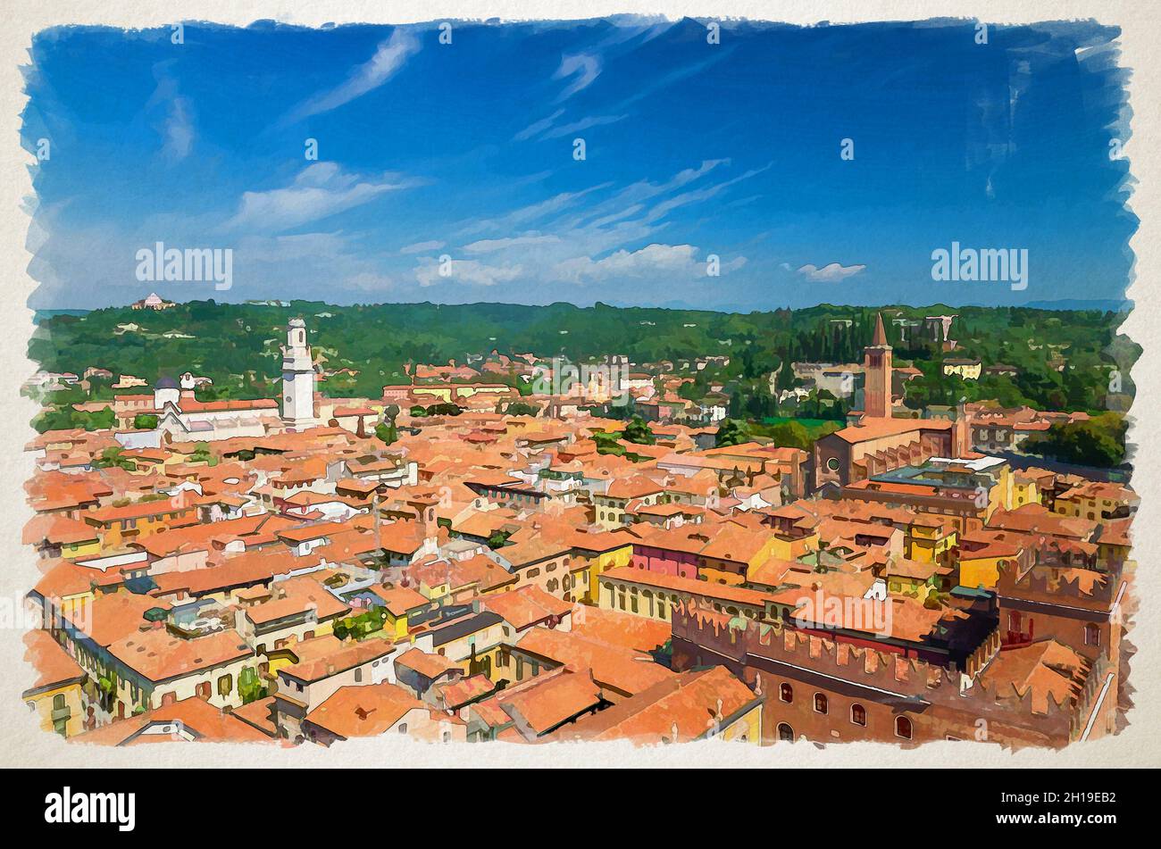 Watercolor drawing of Aerial view of Verona city historical centre ...