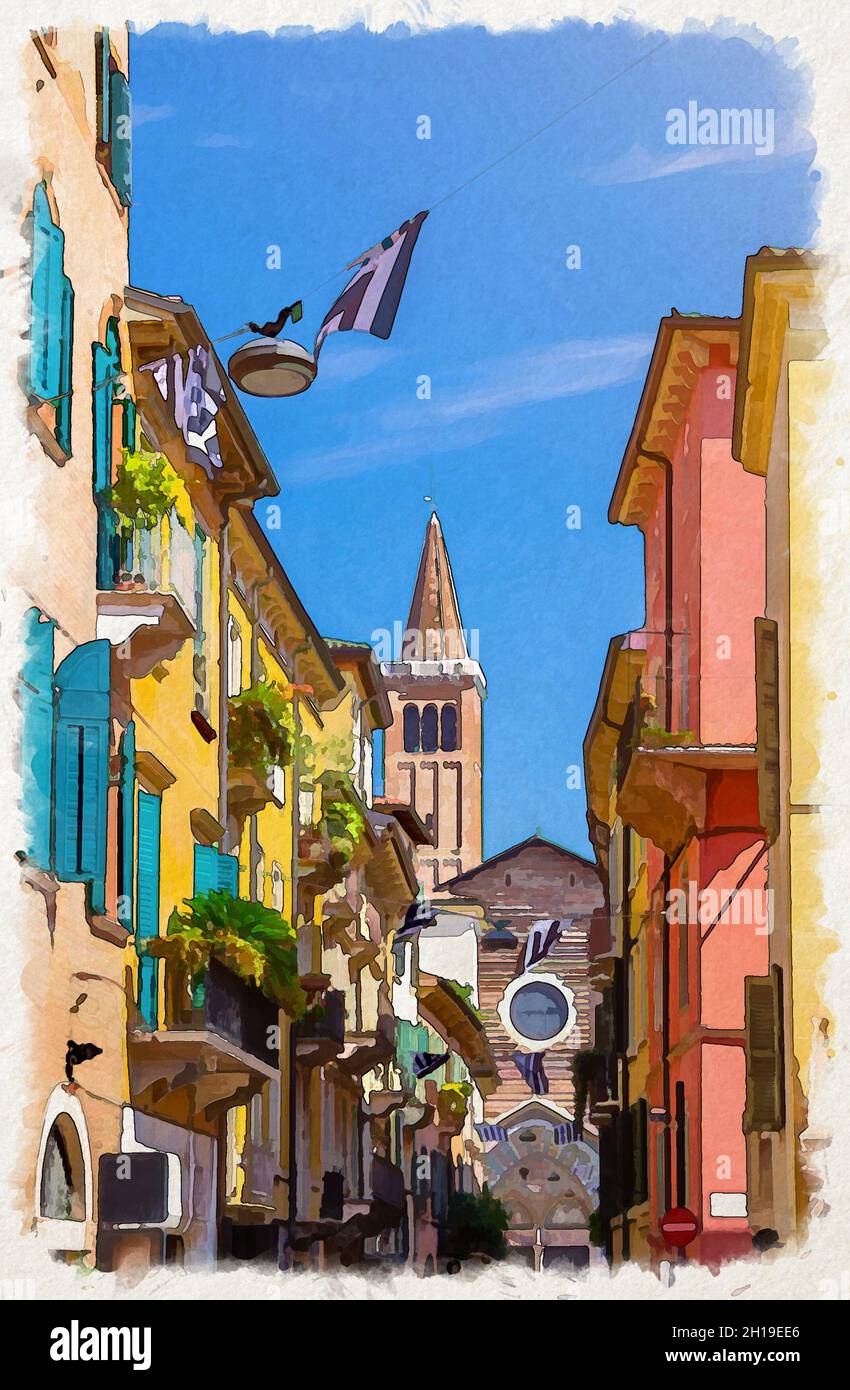 Watercolor drawing of Typical italian street with traditional colorful ...