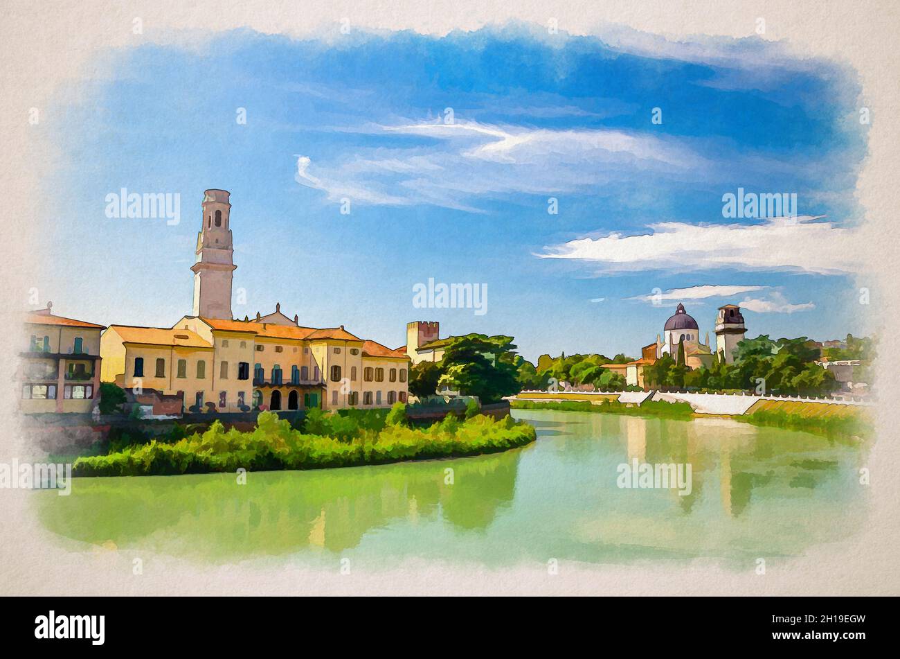 Watercolor drawing of Verona cityscape with buildings on bank of Adige ...