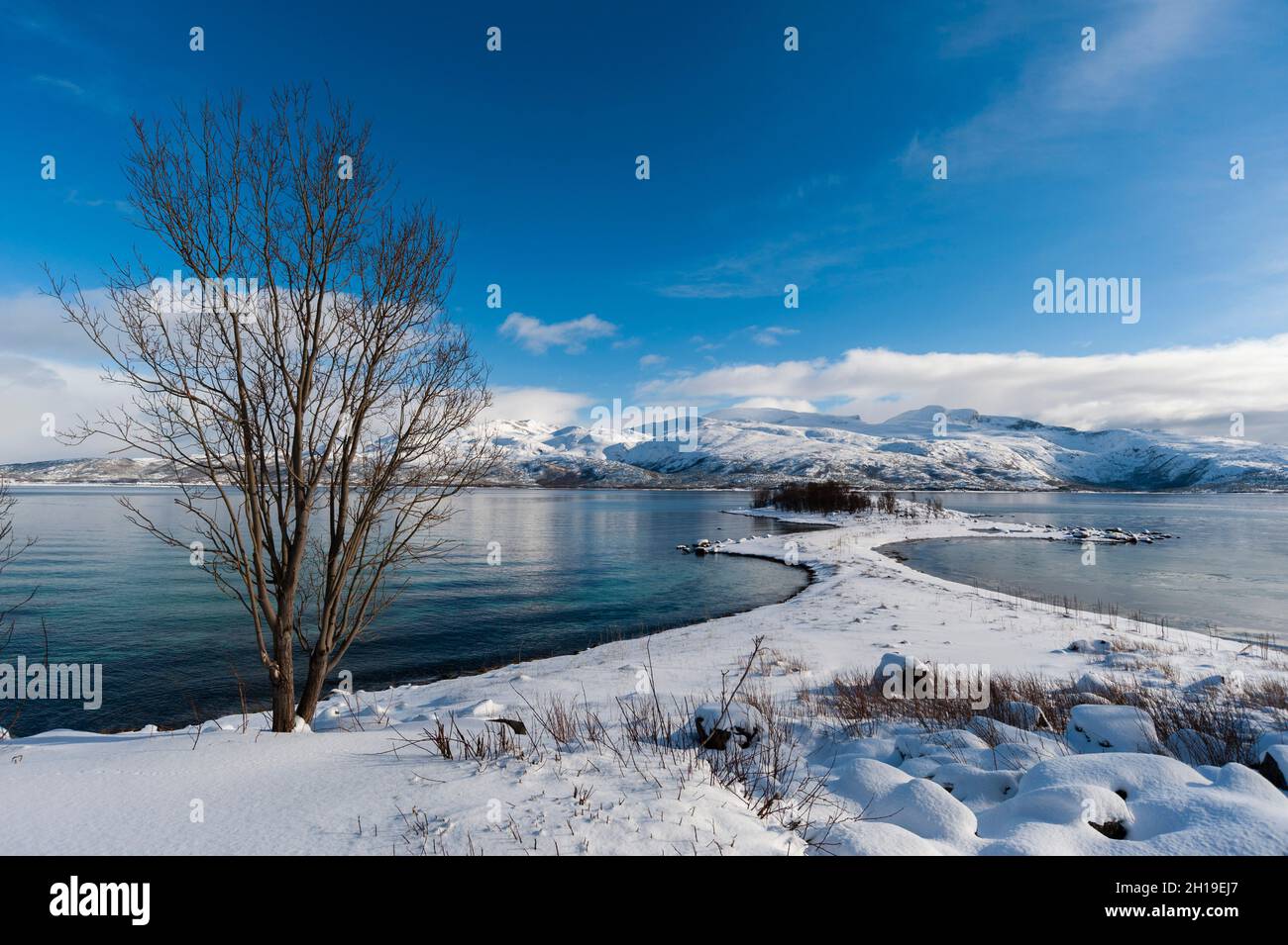 A scenic snowy fjord near Lodingen. Lodingen, Lofoten Islands, Nordland ...