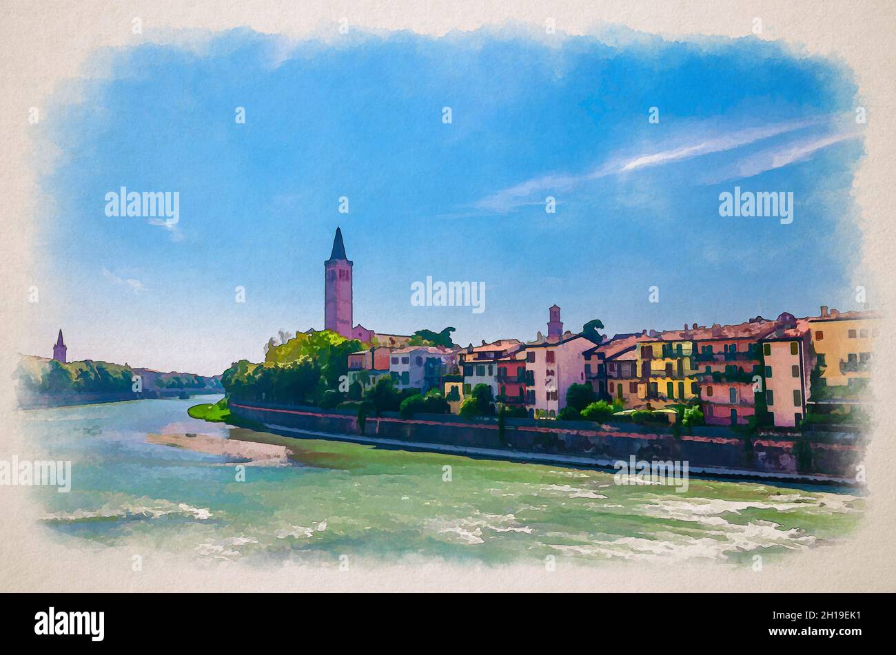Watercolor drawing of Verona cityscape with buildings on embankment of ...