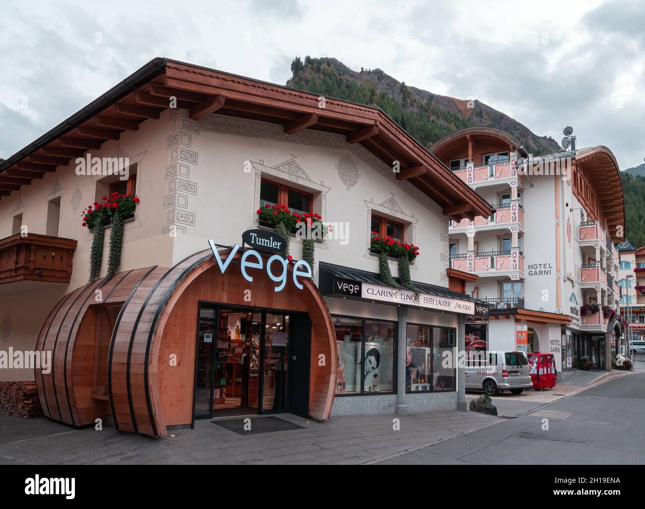 Samnaun, Switzerland - September 28, 2021: Vege Tumler whisky shop in a ...