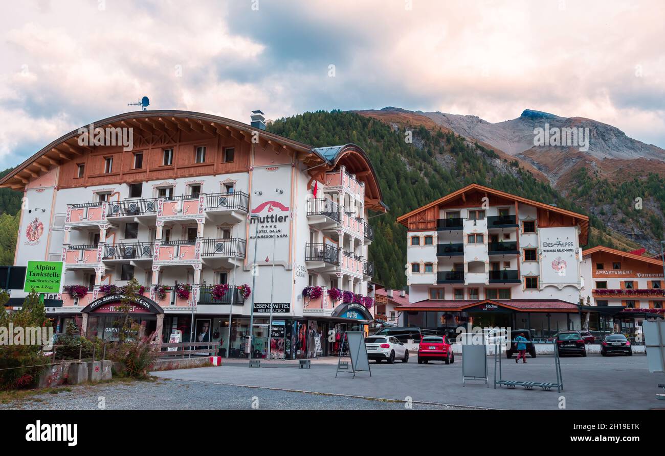 Samnaun, Switzerland - September 28, 2021: Different hotels in the ...