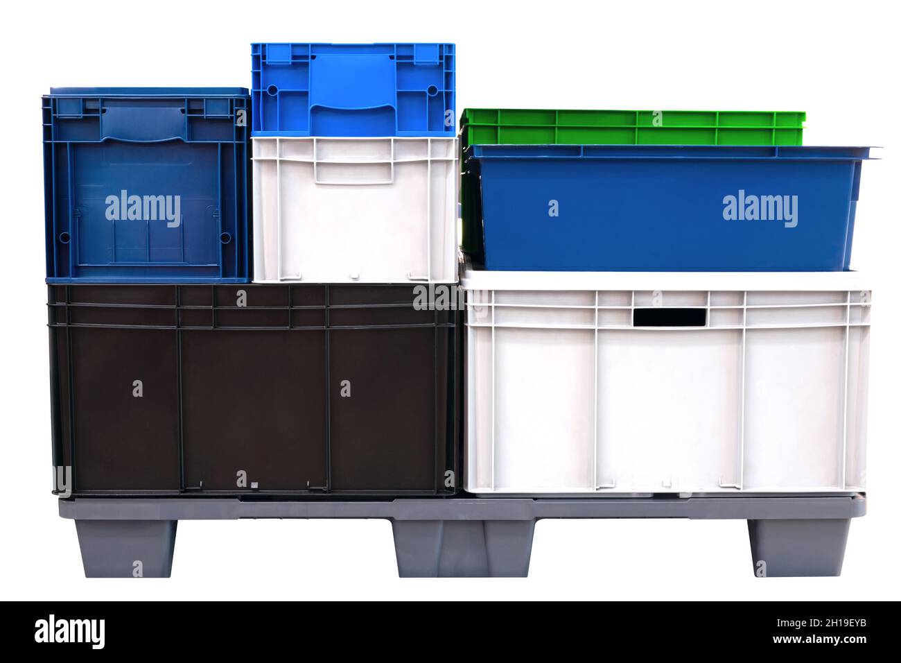 Colorful plastic boxes isolated on white background, logistic concept ...