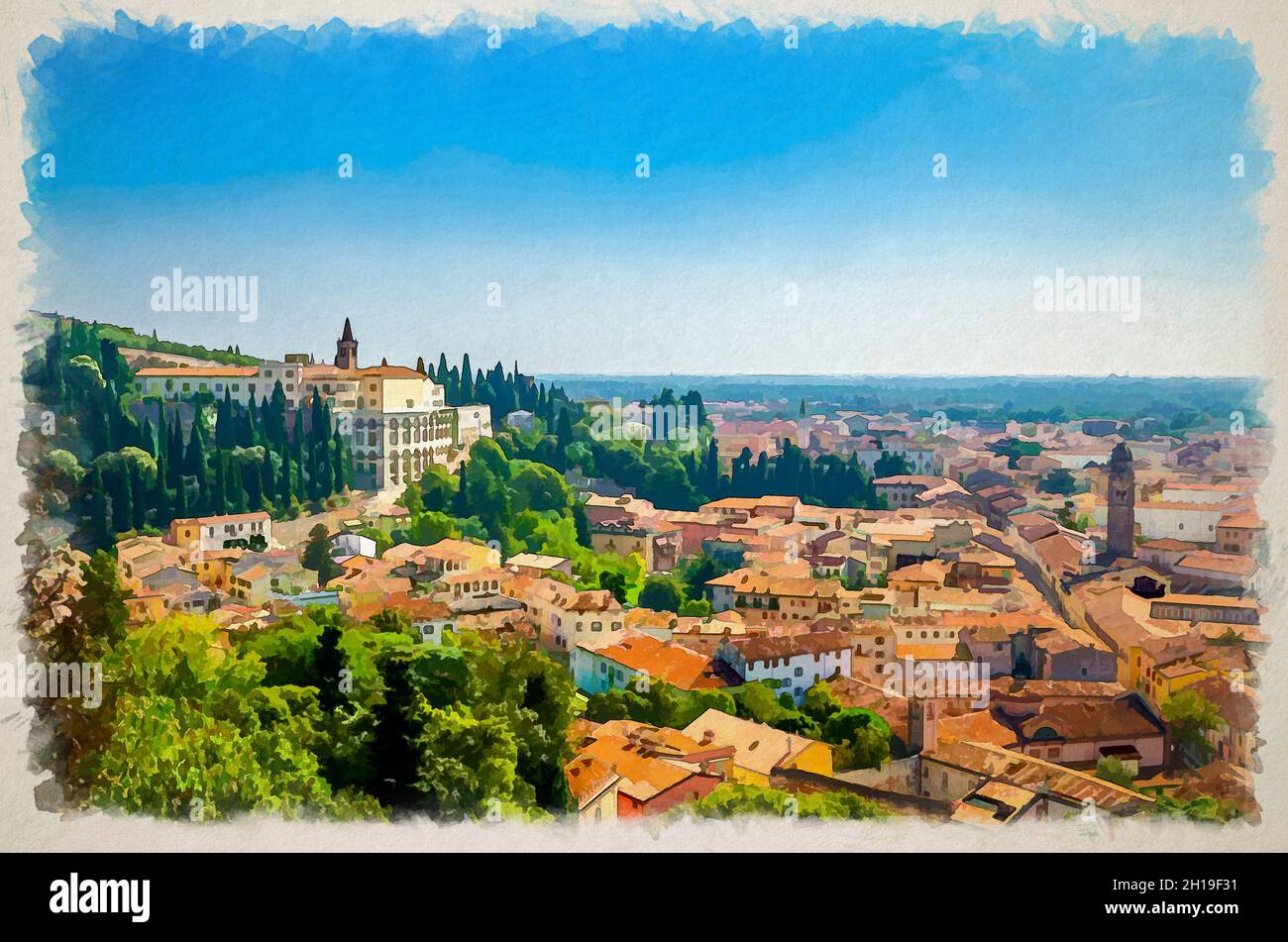 Watercolor drawing of Aerial view of Verona historical city centre ...