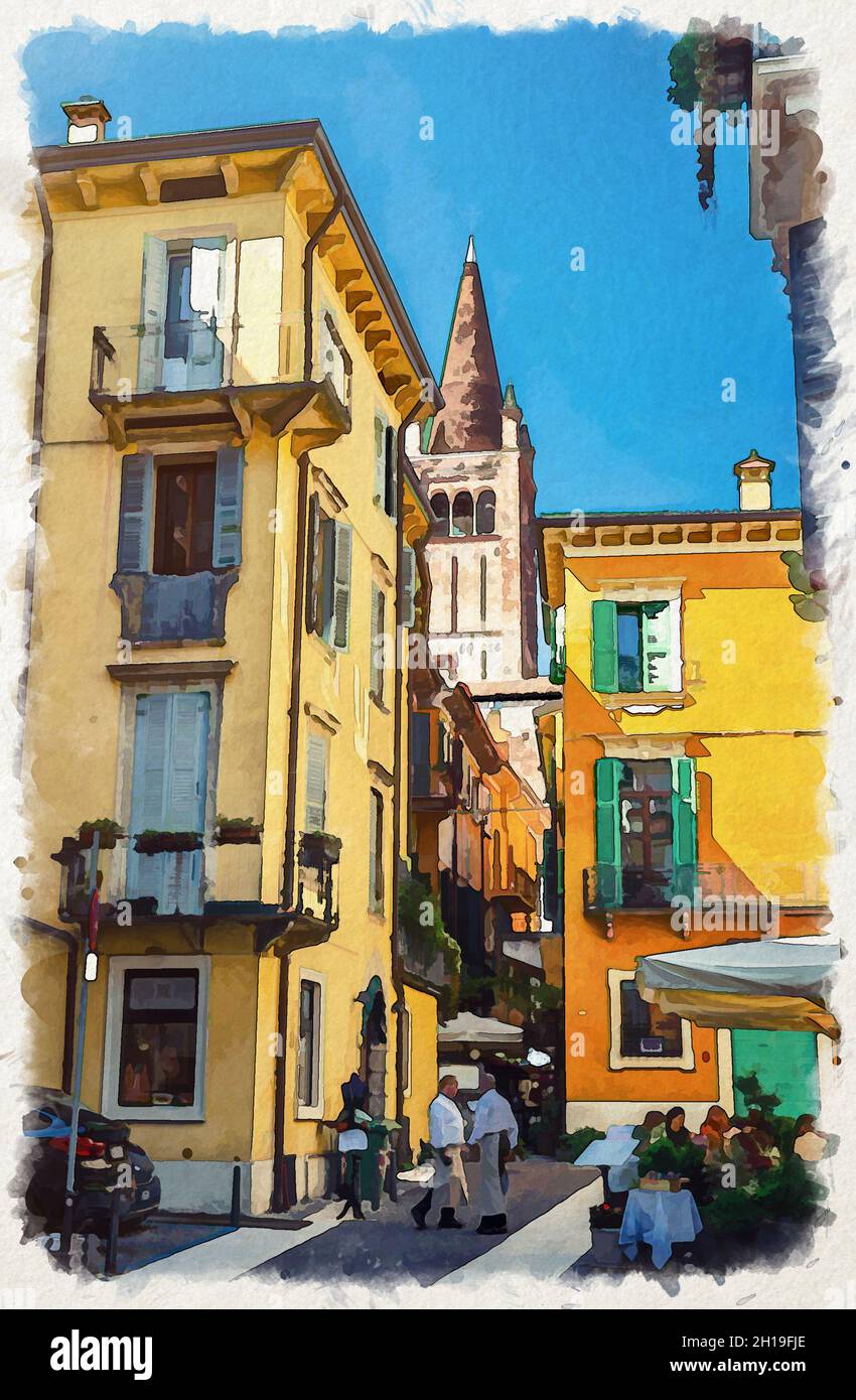 Watercolor drawing of Verona Typical italian street with traditional ...