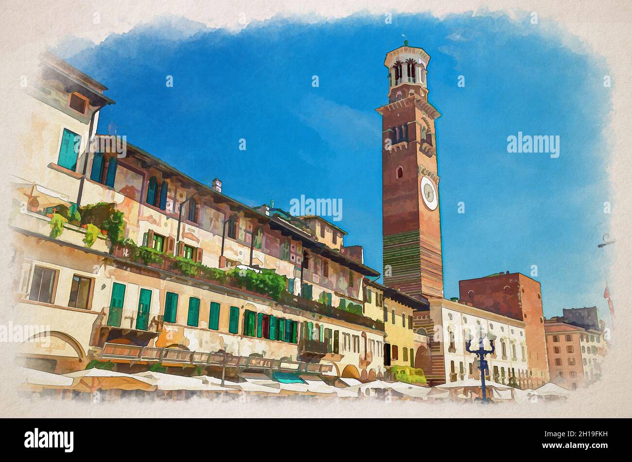 Watercolor drawing of Verona: Piazza Delle Erbe square in historical ...
