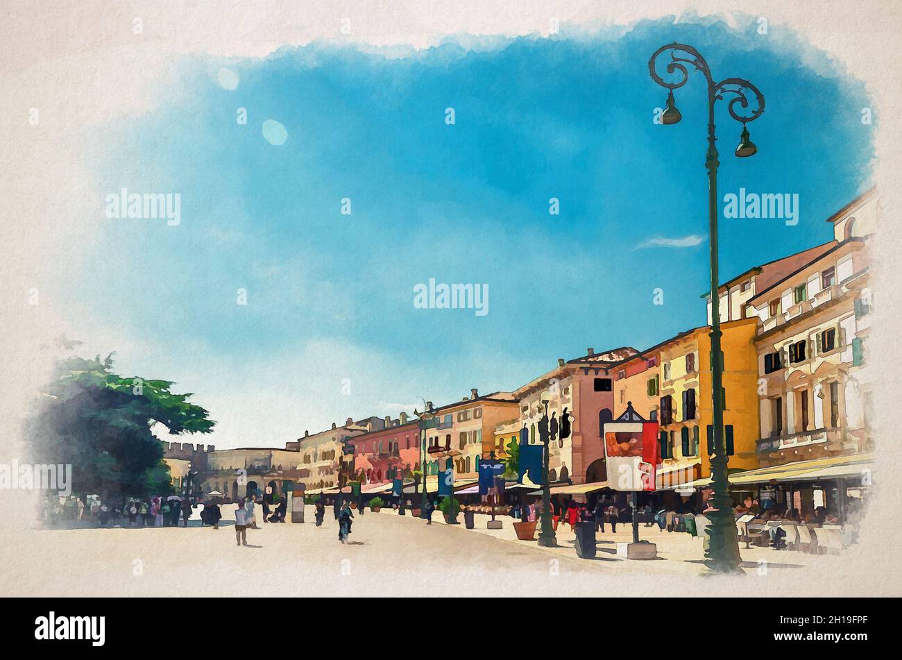 Watercolor drawing of Verona: Piazza Bra square in historical city ...