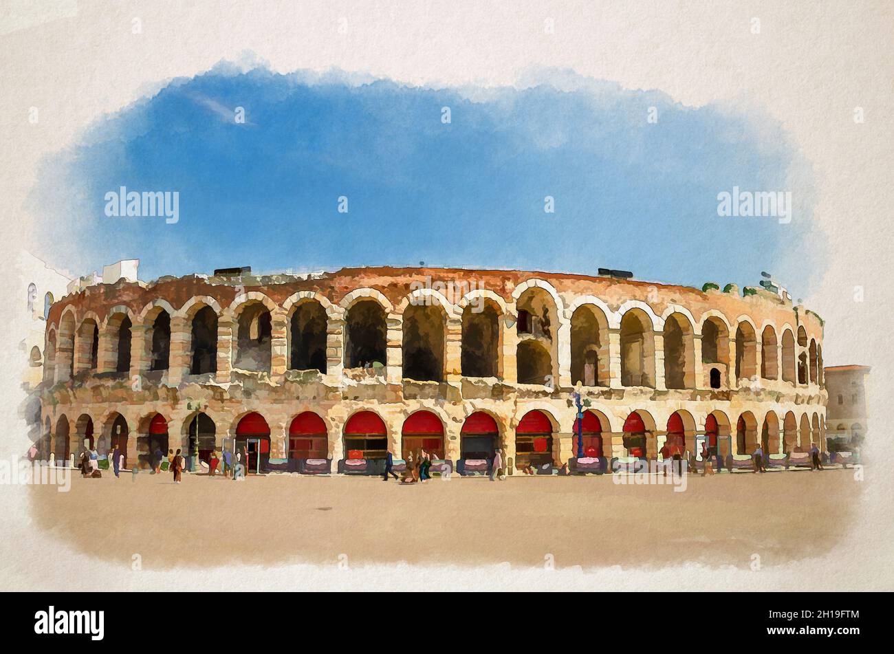 Watercolor drawing of Verona Arena in Piazza Bra square. Roman ...