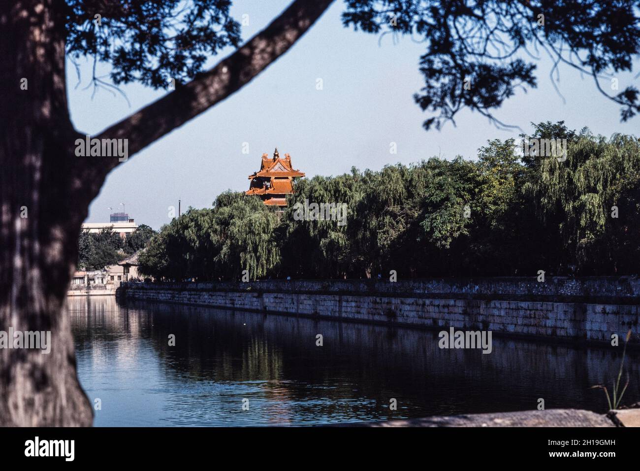 The corner watchtower and moat or Tongzi He of the Forbidden City in ...
