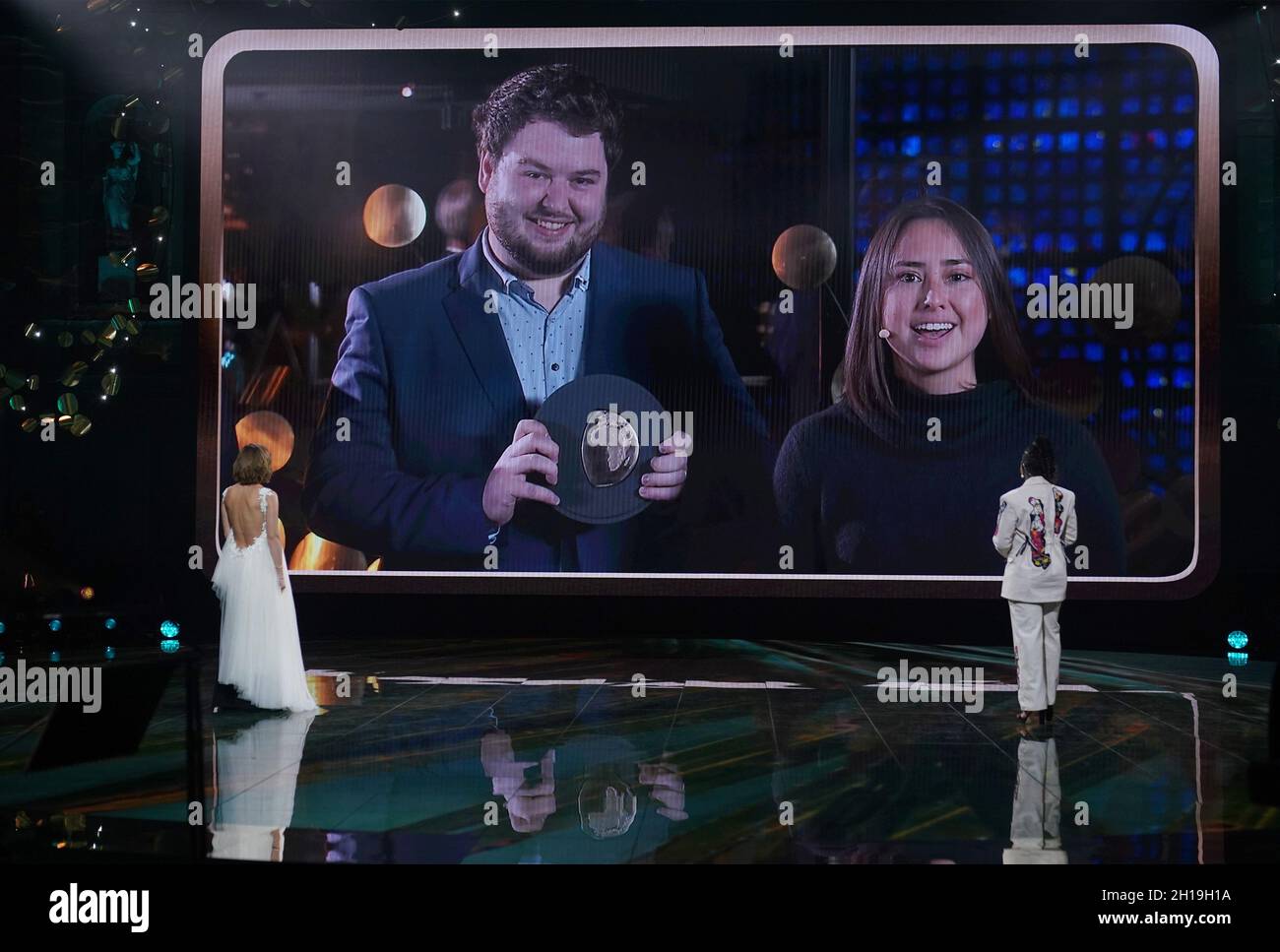 Emma Watson (left) announces the AEM Electrolyser as the winner of the ...
