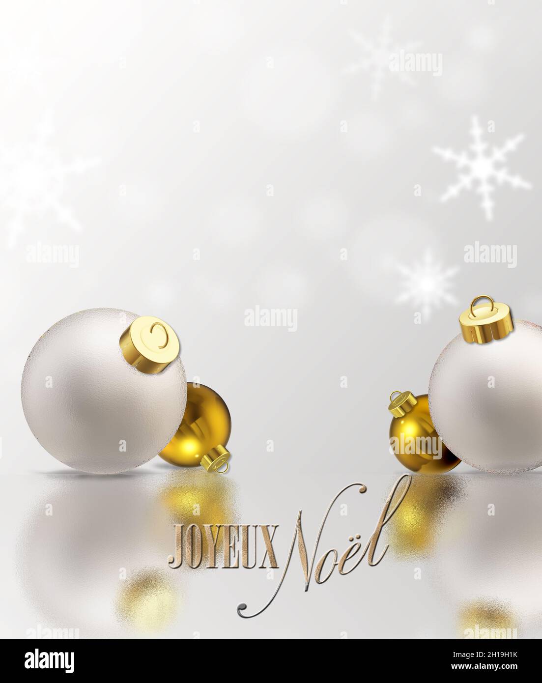 French Joyeux Noel. Christmas greeting card, design of white gold Xmas ...