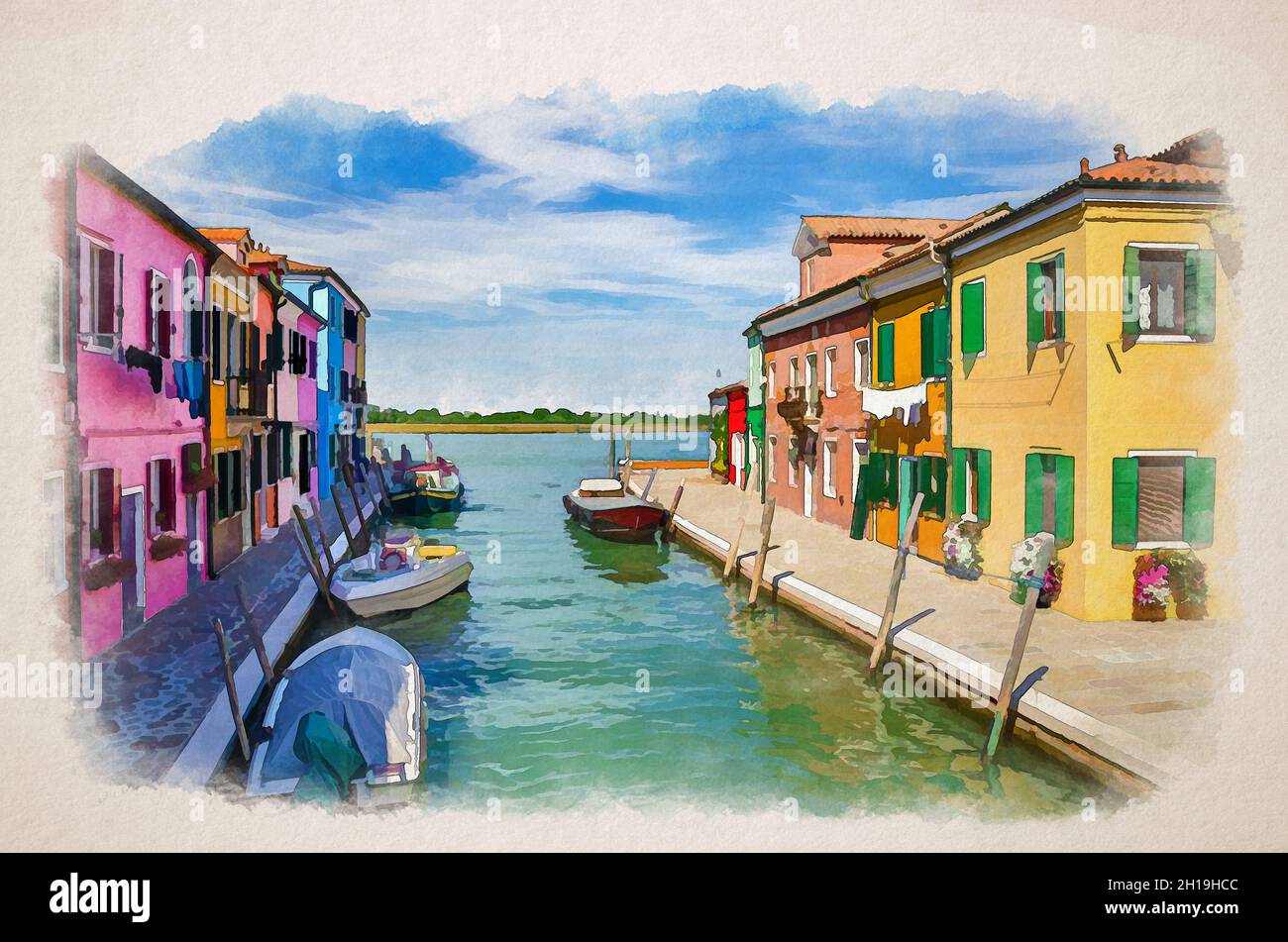 Watercolor drawing of Burano island with colorful houses and buildings ...