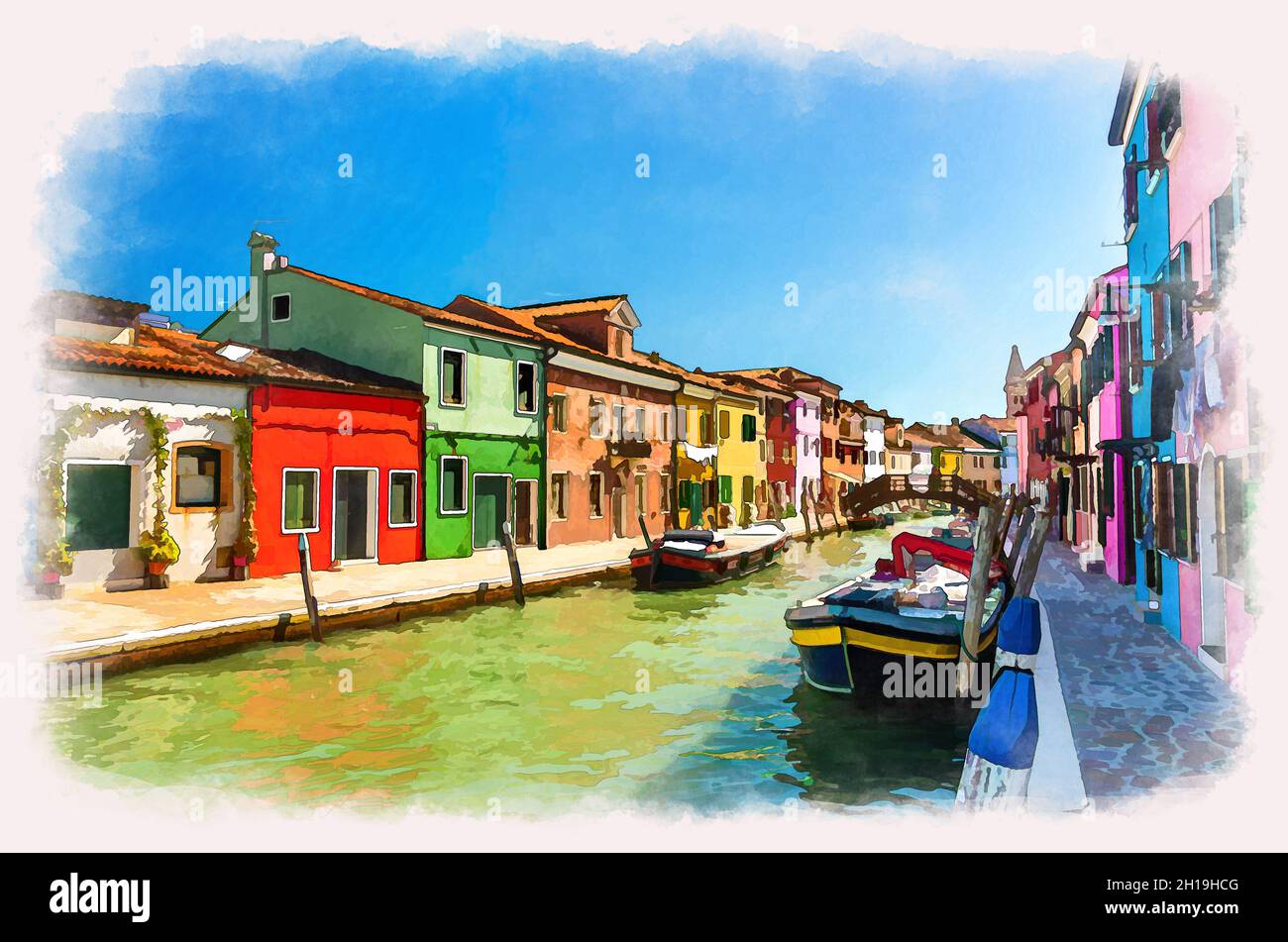 Watercolor drawing of Colorful houses of Burano island. Multicolored ...