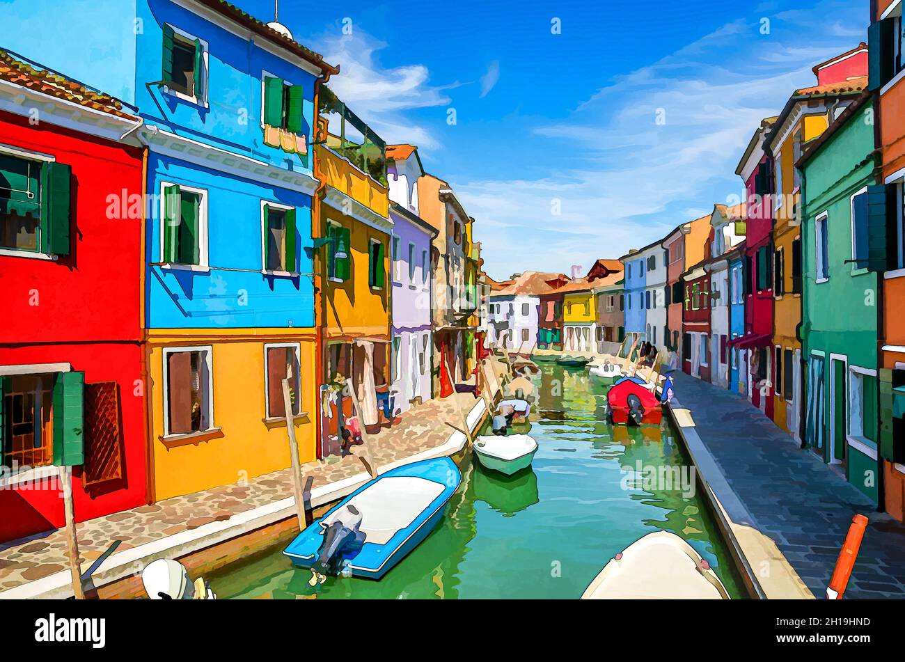 Watercolor drawing of Colorful houses of Burano island. Multicolored ...