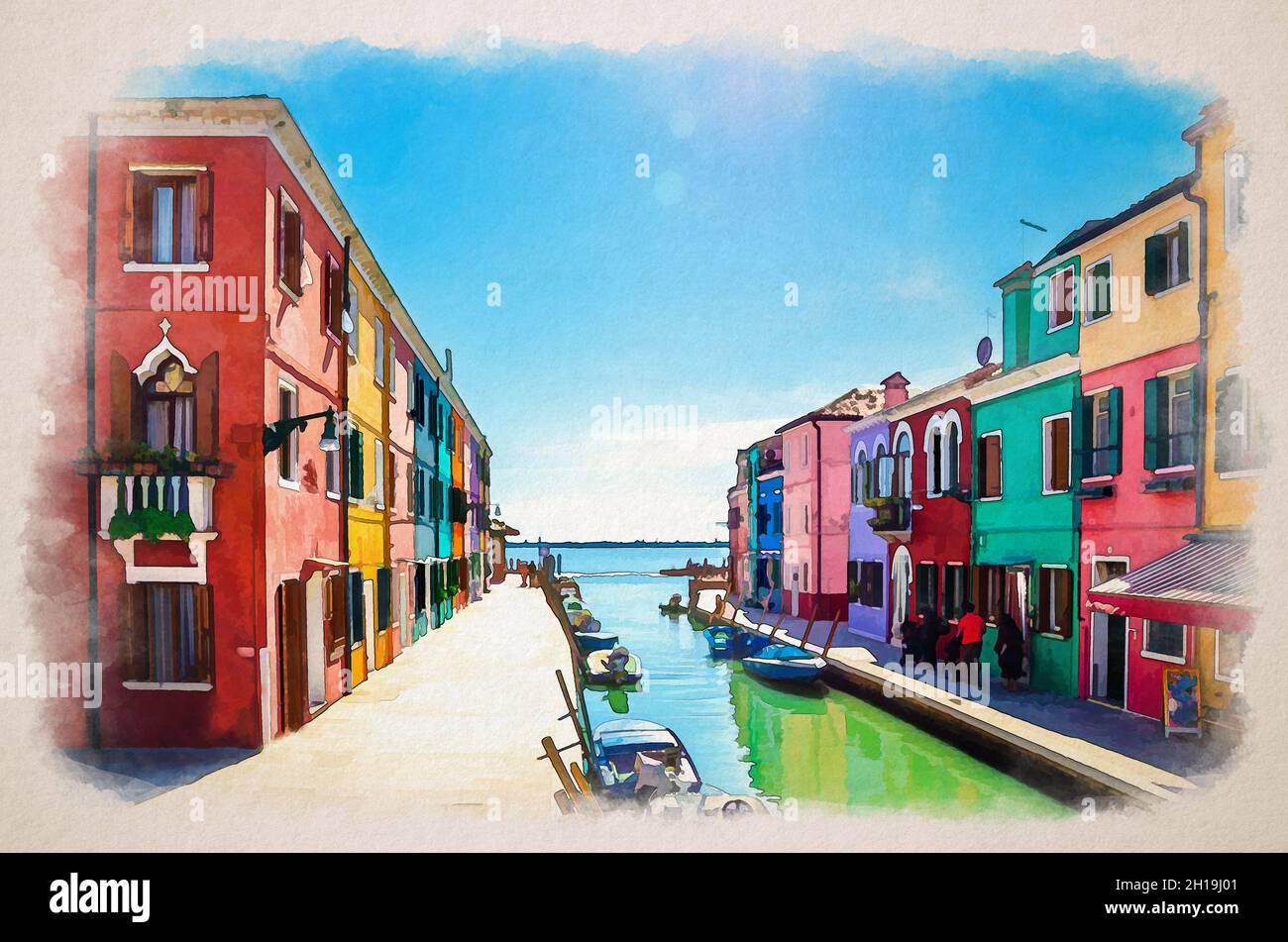Watercolor drawing of Burano: people walking down embankment promenade ...