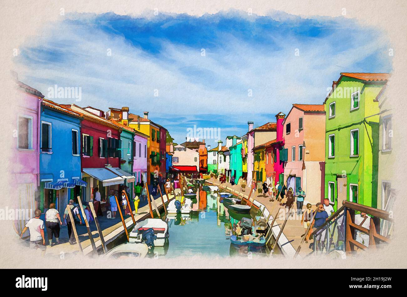 Watercolor drawing of Burano: colorful houses and buildings on ...
