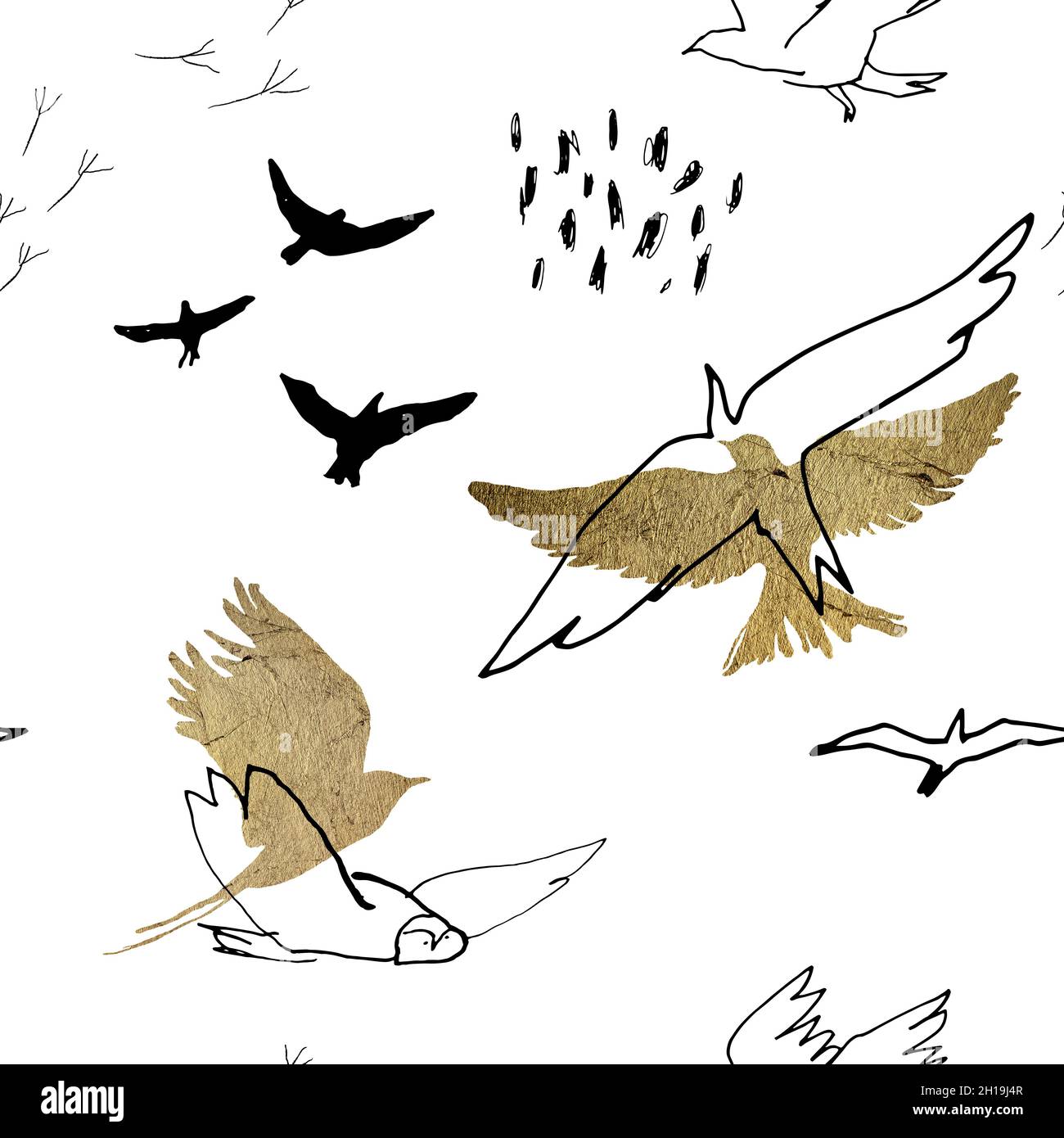 Seamless pattern with hand-drawn golden and linear birds, graphic ...