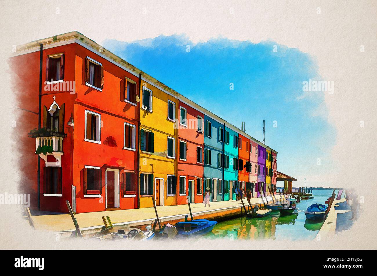 Watercolor drawing of Burano island with colorful houses and buildings ...
