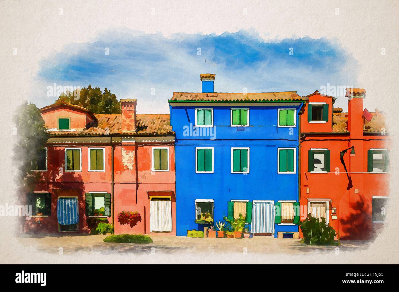 Watercolor drawing of Colorful houses of Burano island. Multicolored ...