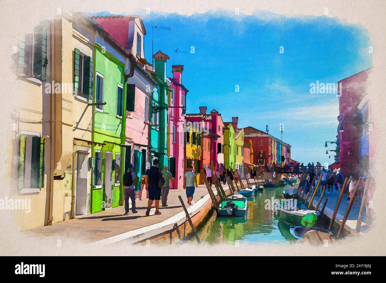 Watercolor drawing of Burano: people tourists on small cobblestone ...