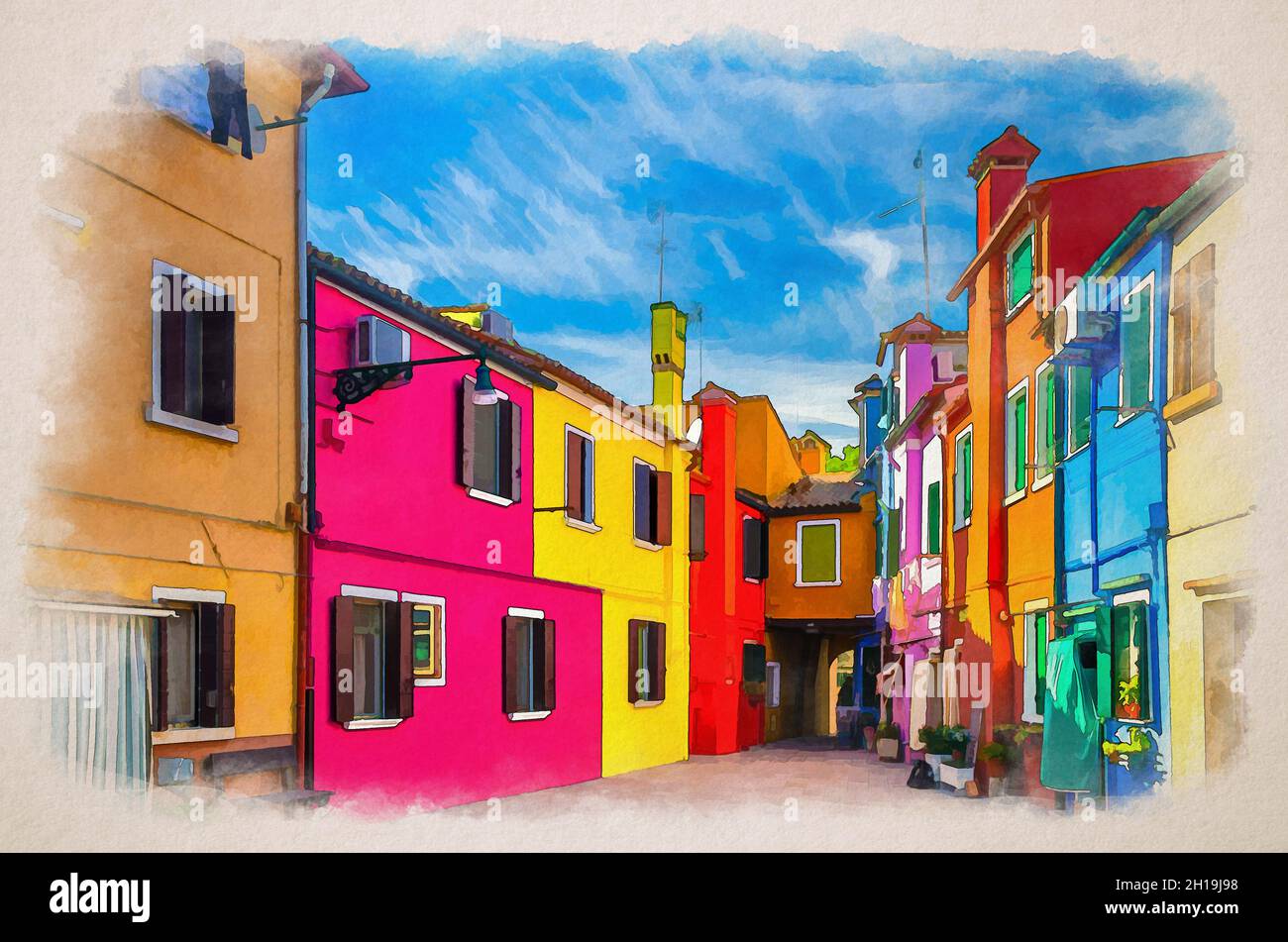 Watercolor drawing of Colorful houses of Burano island. Multicolored ...