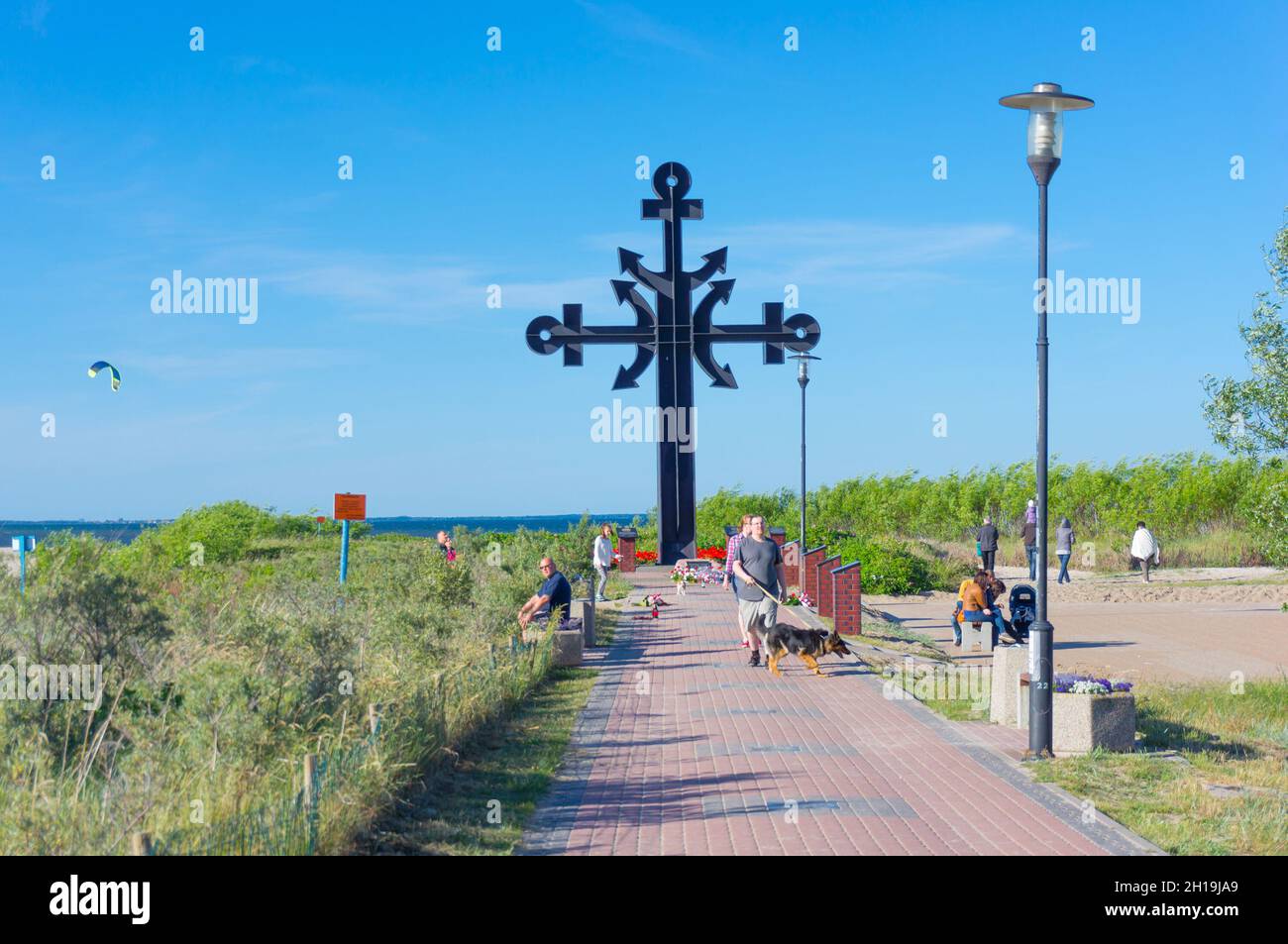 REWA, POLAND - Jan 31, 2016: A big cross statue in the park in Rewa ...