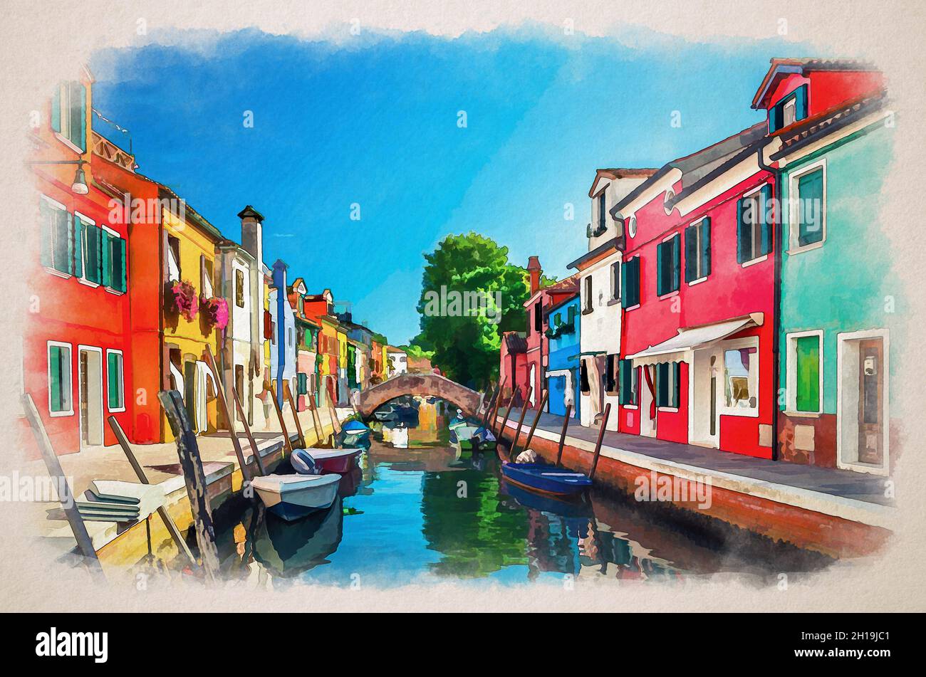 Watercolor drawing of Colorful houses of Burano island. Multicolored ...