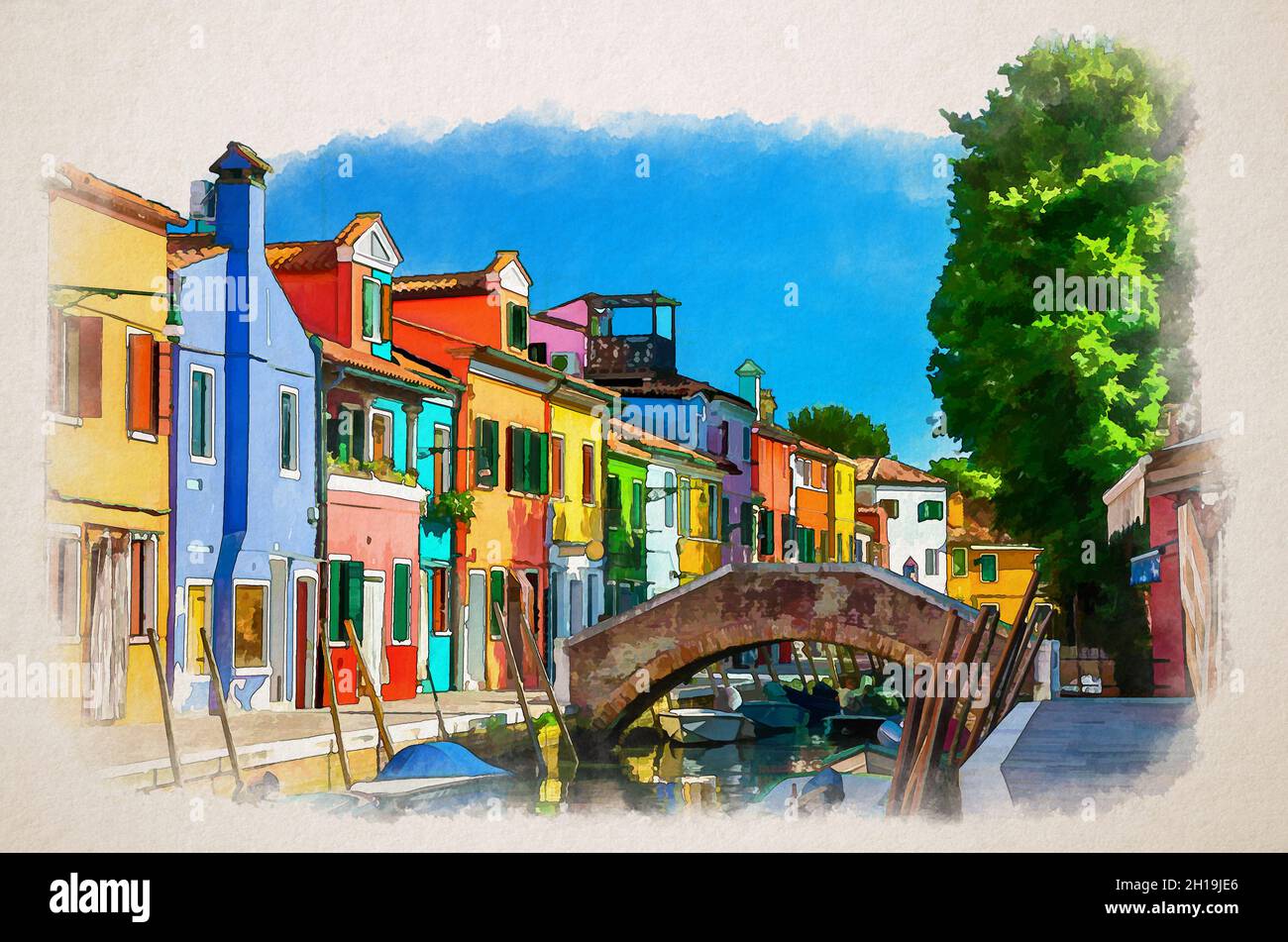Watercolor drawing of Colorful houses of Burano island. Multicolored ...