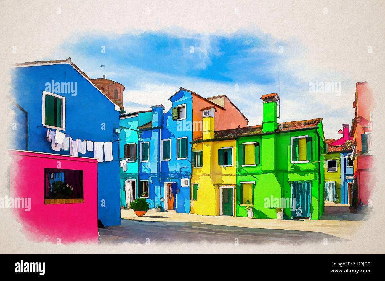 Watercolor drawing of Colorful houses of Burano island. Multicolored ...