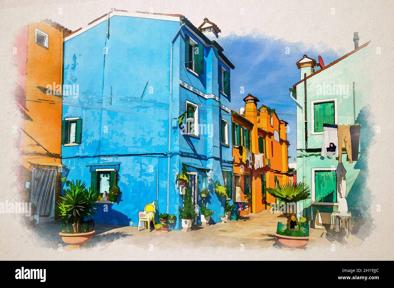 Watercolor drawing of Colorful houses of Burano island. Multicolored ...