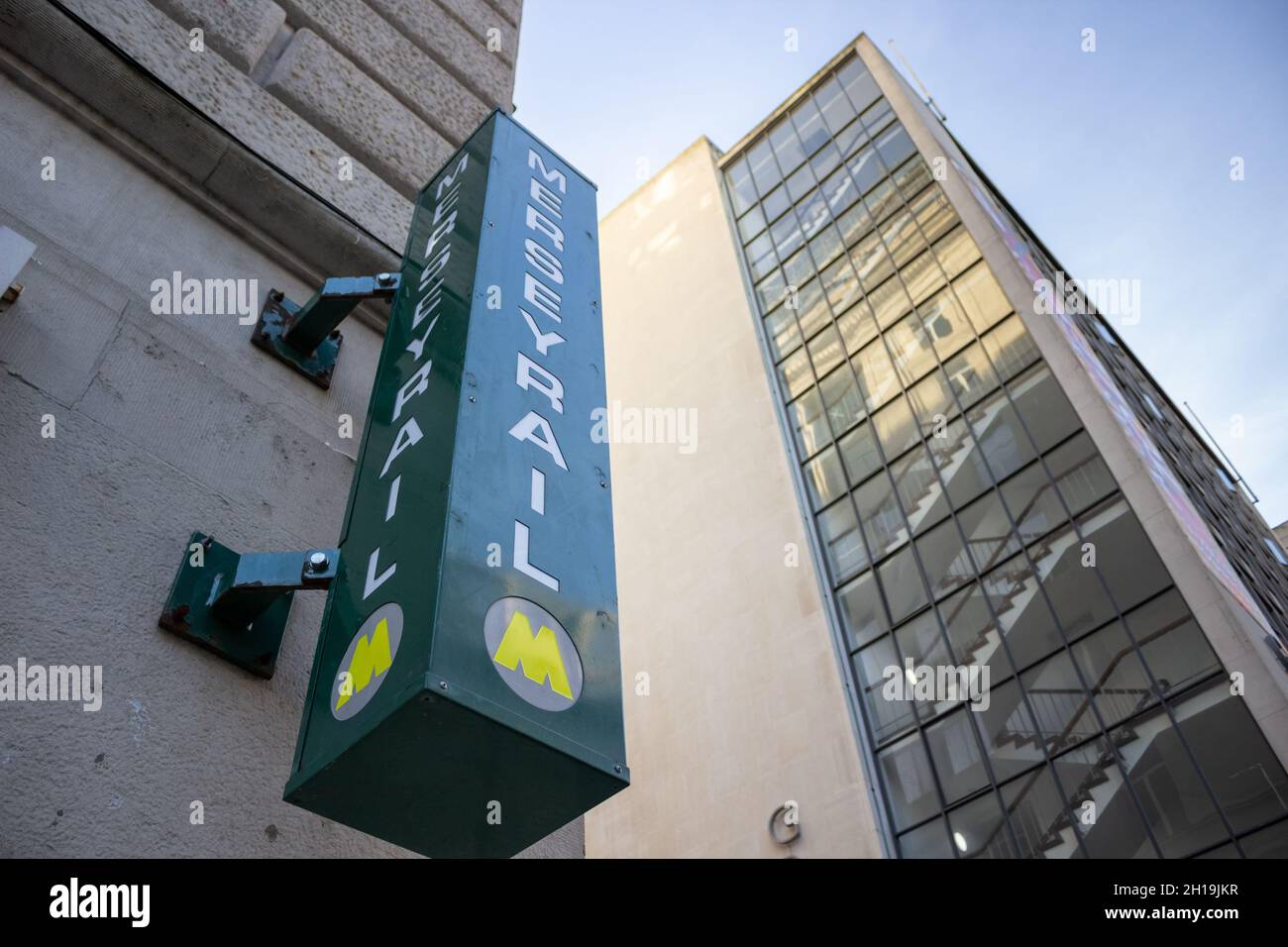 Liverpool, UK: Merseyrail sign outside St James underground railway ...