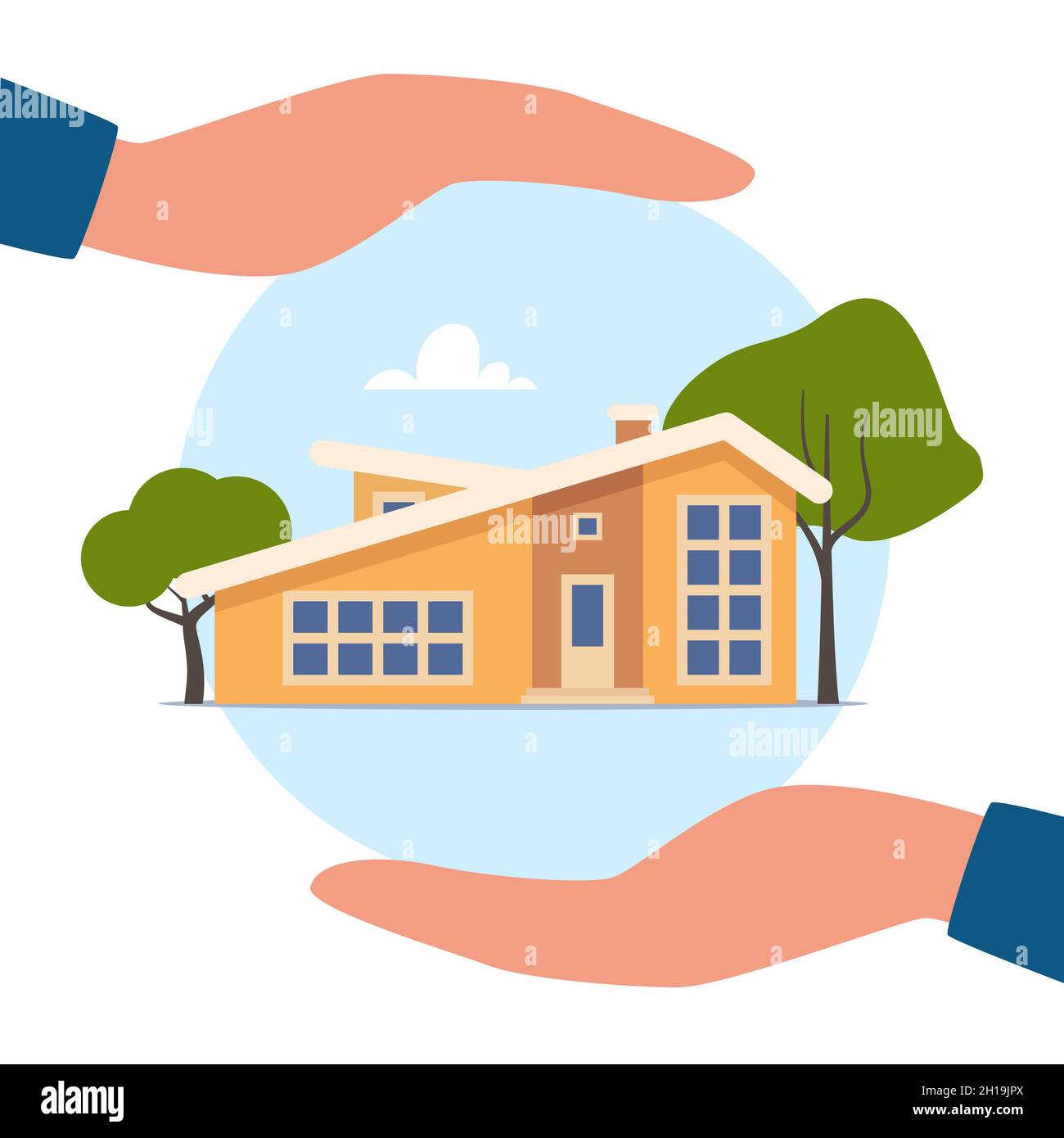 Home insurance concept. Hands protecting house from danger. Real estate ...