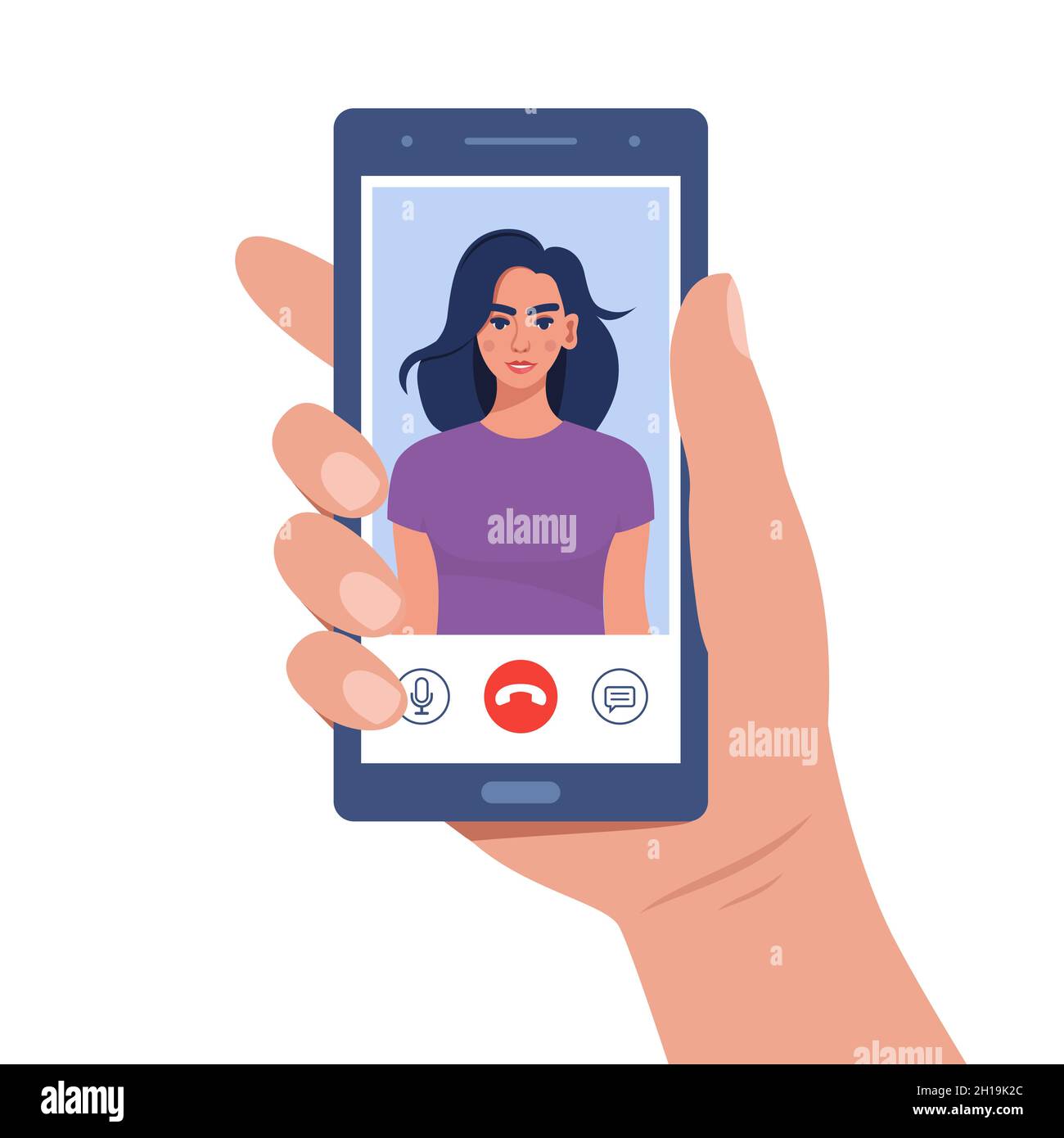 Hand holds smartphone during video call. Young woman on smartphone ...