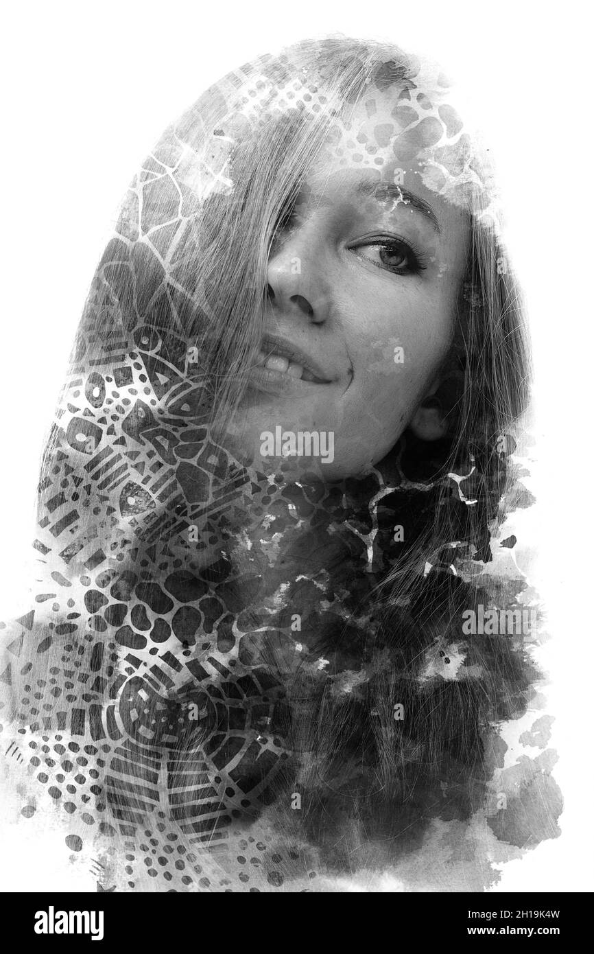 Paintography. A full face portrait of a woman combined with an ink ...