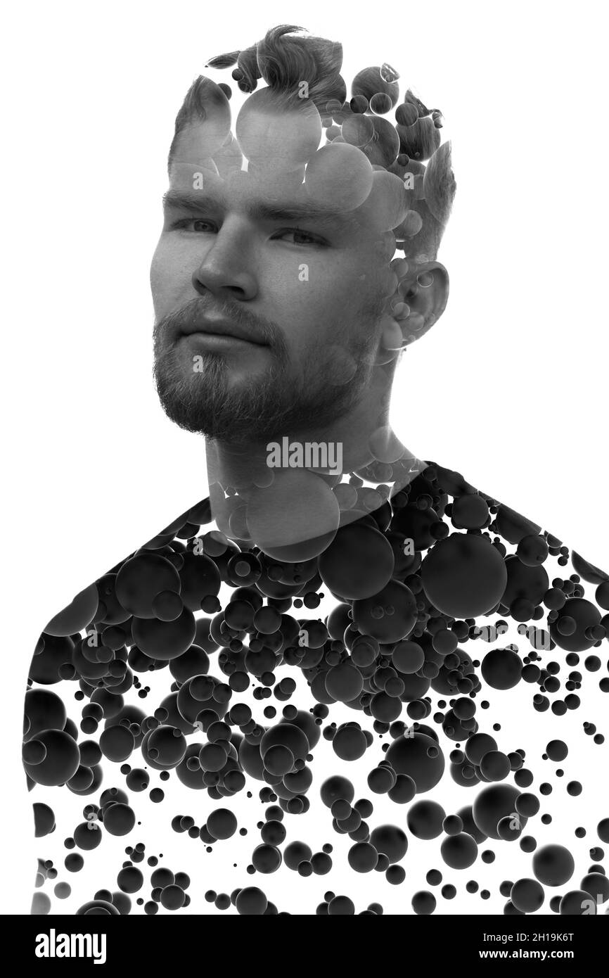 A black and white portrait of a man combined with multiple flowing 3D ...