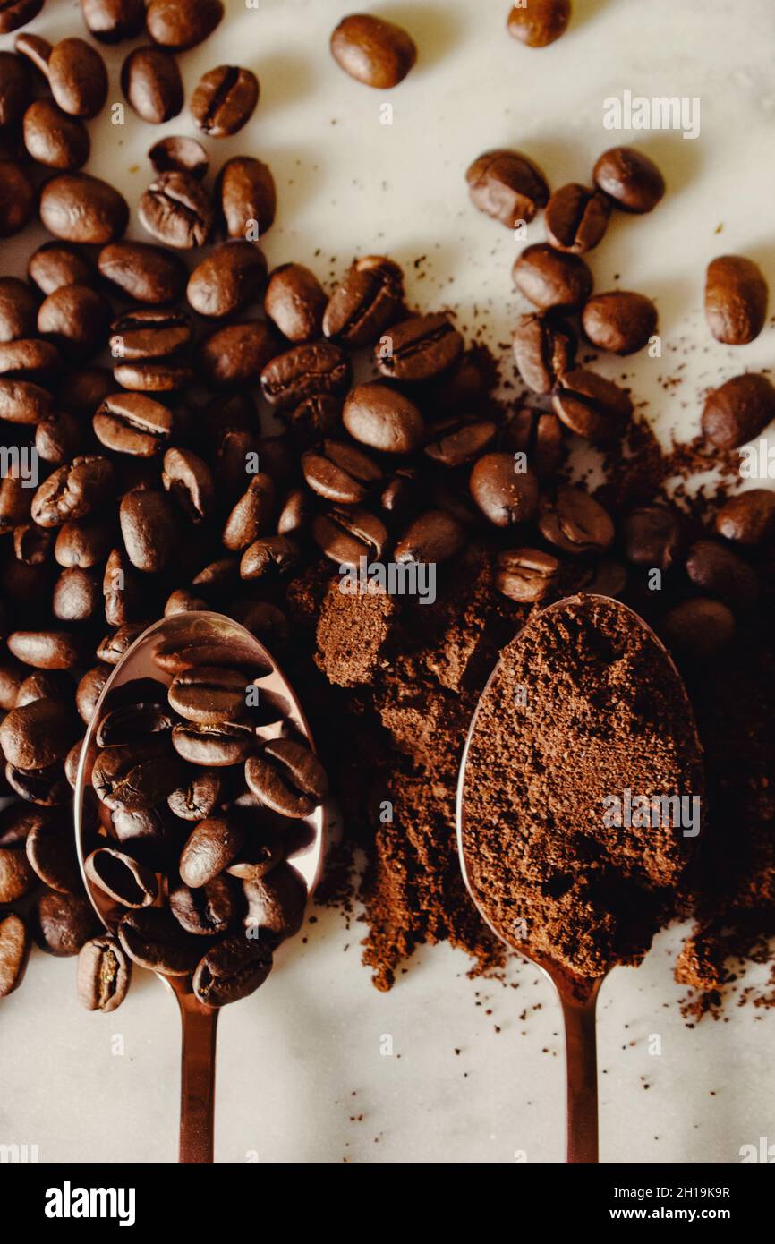 Artistic coffee beens arrangement on minimalistic background Stock ...