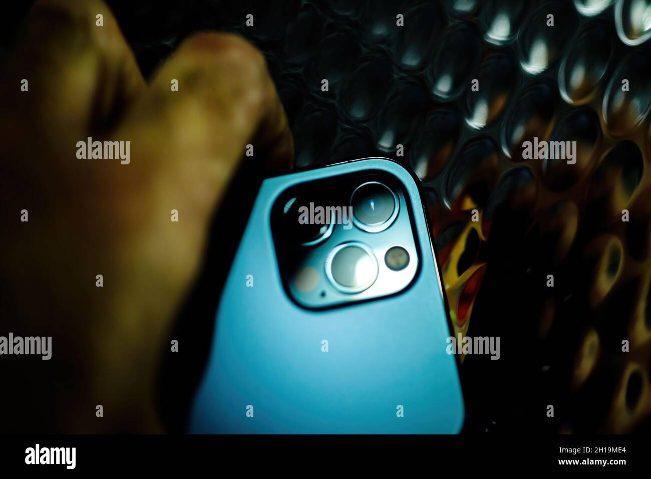 Close Up view of latest Apple Computers iPhone 13 Pro triple camera ...