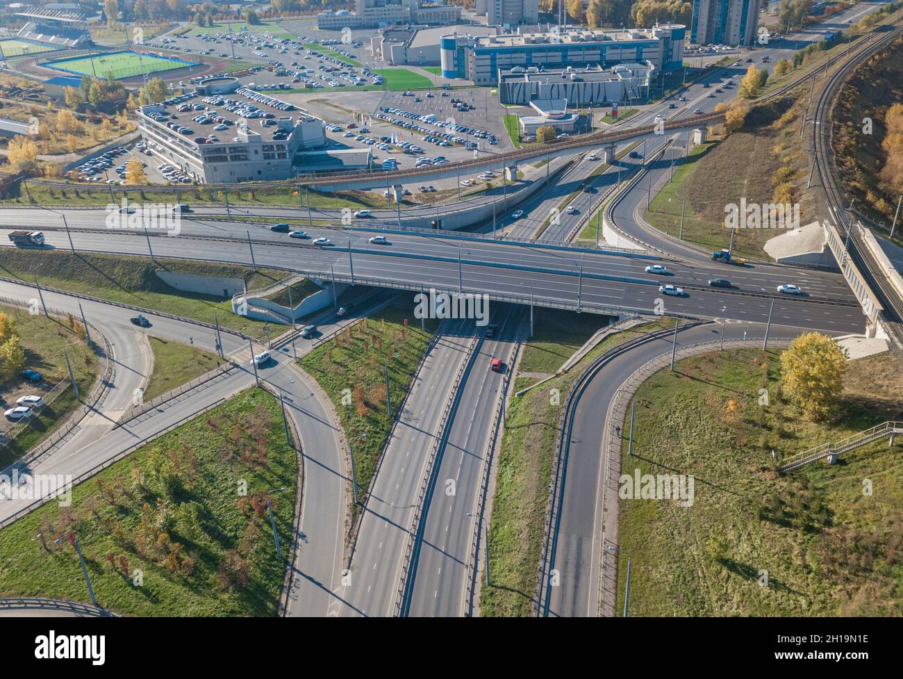 Transport junction traffic road. Aerial high above view of modern road ...