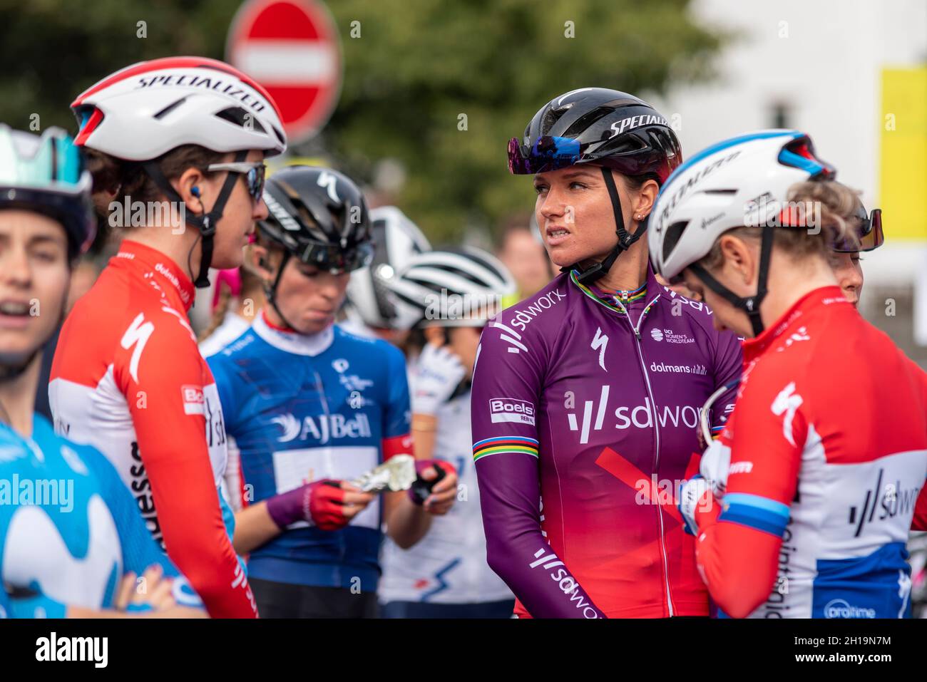 Riders of team SD Worx preparing to race the AJ Bell Women's Tour cycle race Stage Four ...