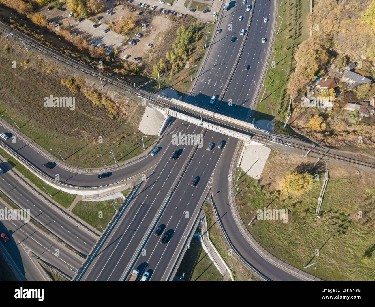 Transport junction traffic road. Aerial high above view of modern road ...