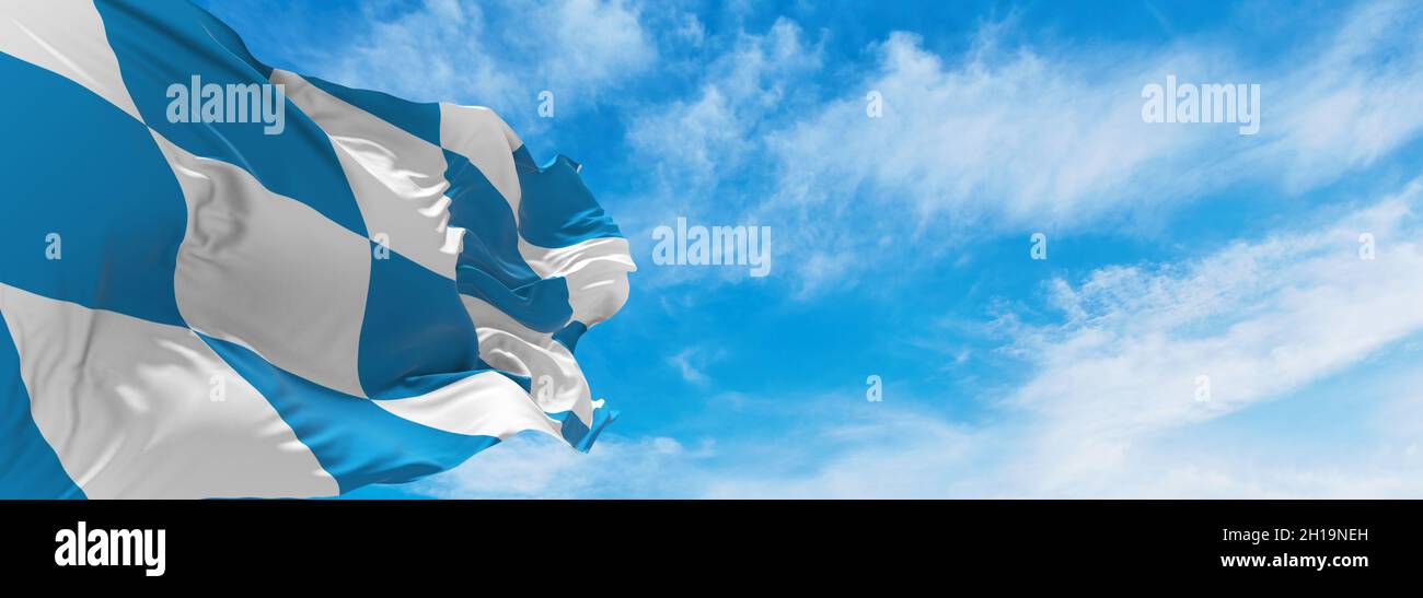 flag of Bavaria lozengy at cloudy sky background on sunset, panoramic ...