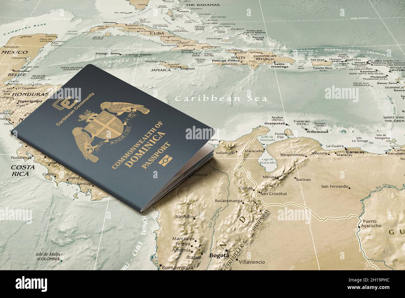 Dominica passport on a map of the Caribbean Sea, copy space Stock Photo ...