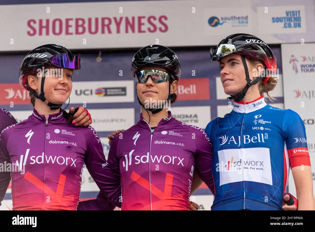 Anna Shackley, Elena Cecchini, Demi Vollering of team SD Worx preparing to race the Women's Tour ...