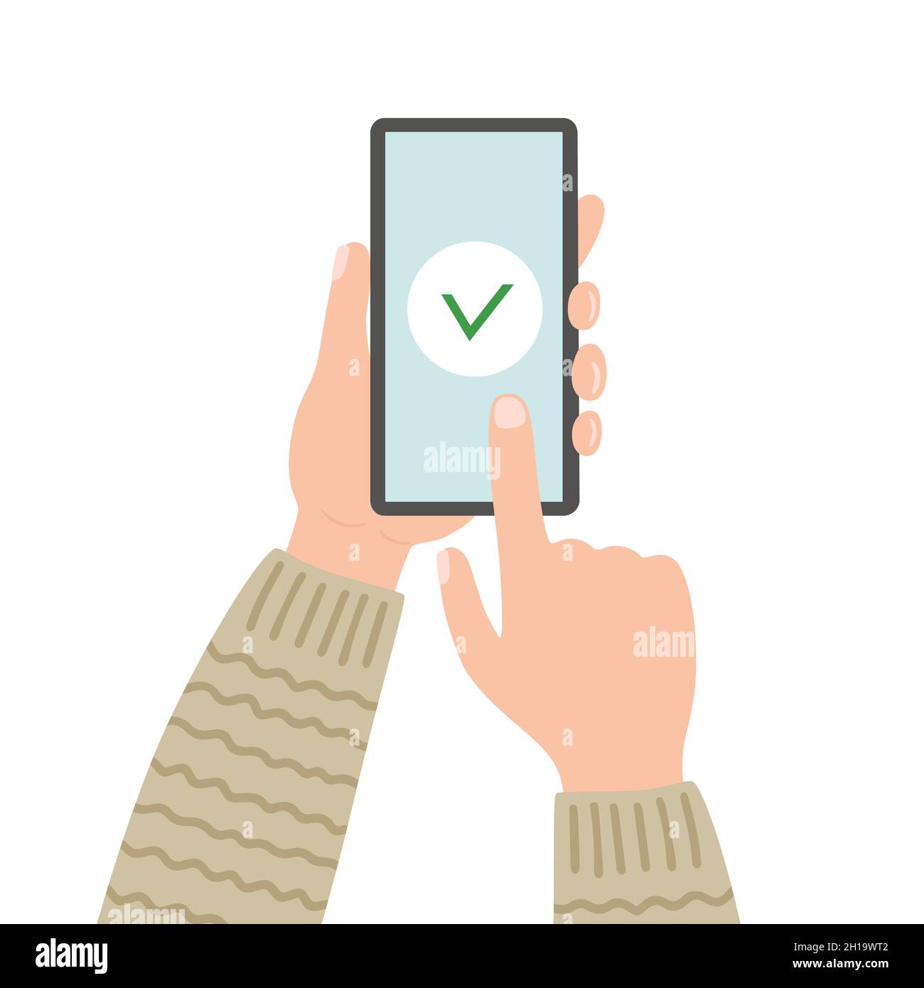 Check mark on smartphone screen. Hand holds the smartphone and finger ...