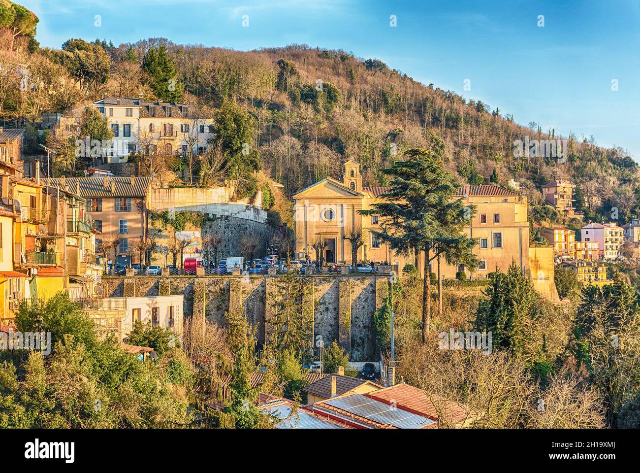 The town of Nemi on the Alban Hills, overlooking Lake Nemi, near Rome ...
