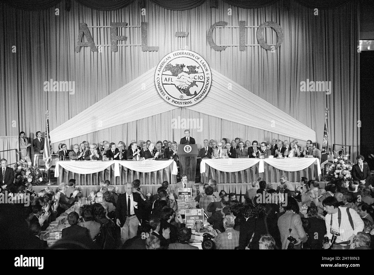 U.S. President Jimmy Carter speaking on stage at AFL-CIO Convention ...