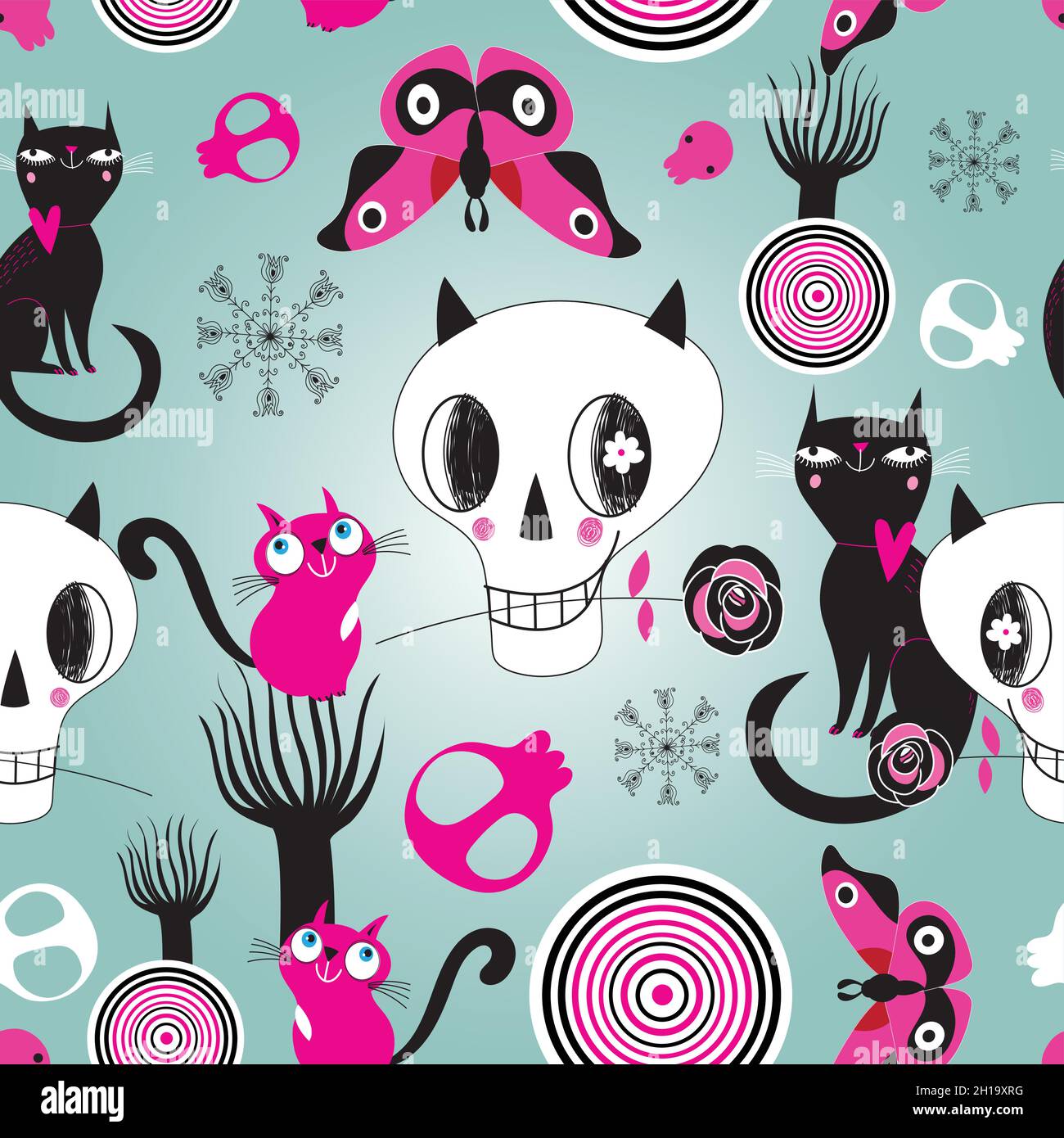 Seamless Bright Halloween Pattern with skull and cats Stock Vector ...
