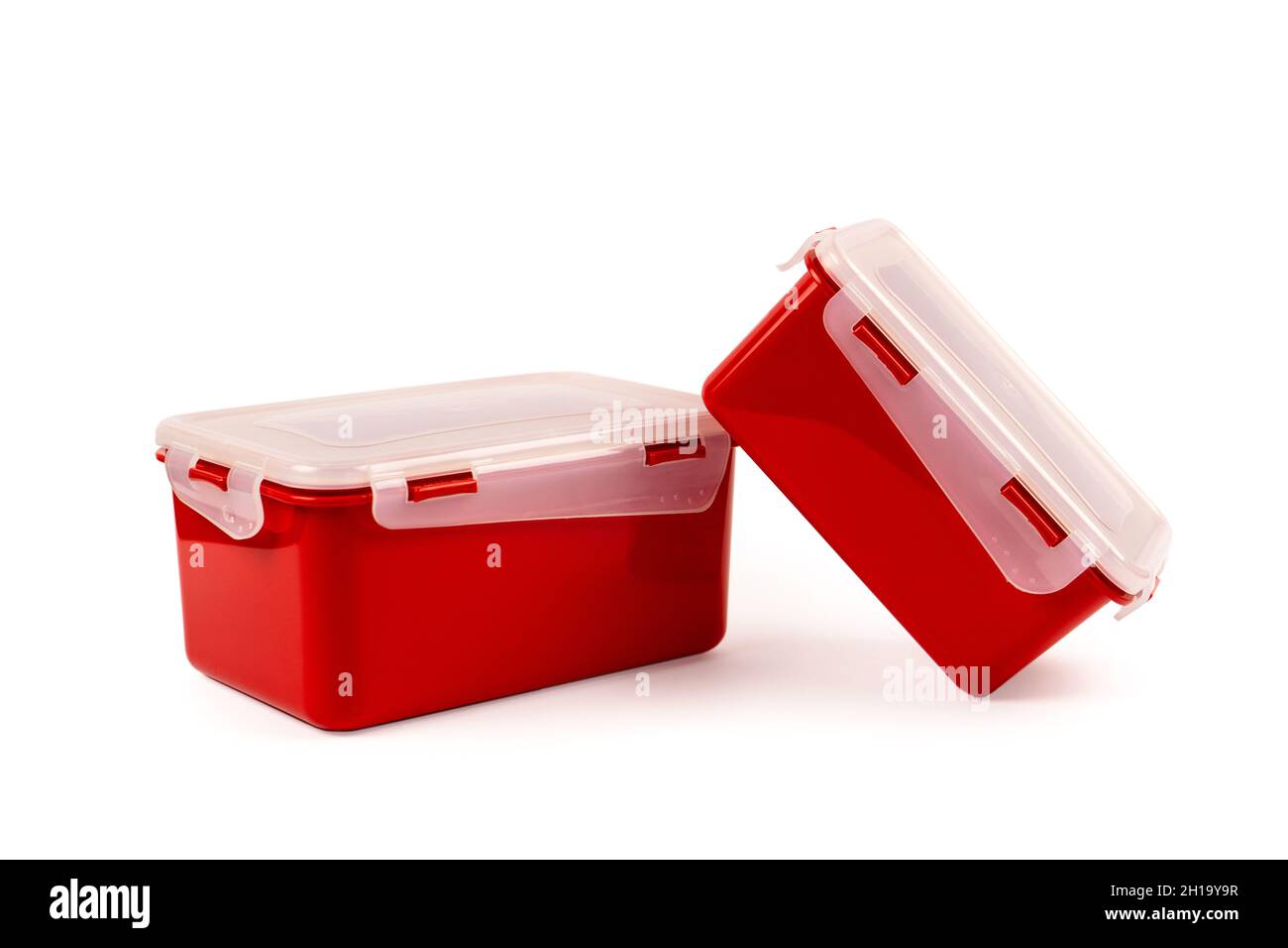 Plastic containers for food products of red color isolated on white ...